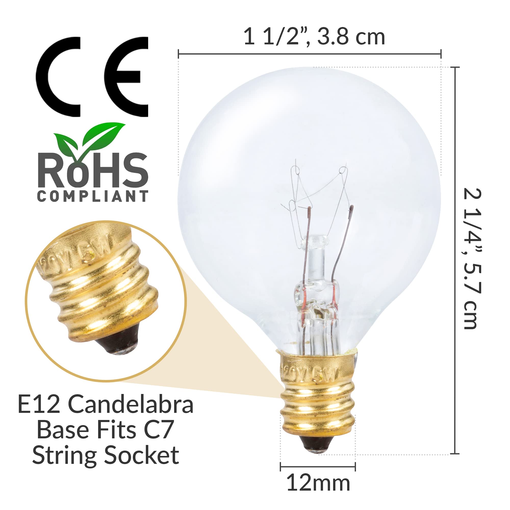 Simba Lighting String Light Outdoor Globe G40 Replacement Bulb 5W E12 Candelabra Base C7 Socket for Patio, Café, Pergola, Porch, Clear Glass, 5 Watt 110V 120V, 2700K Warm White, Dimmable, 25 Pack
