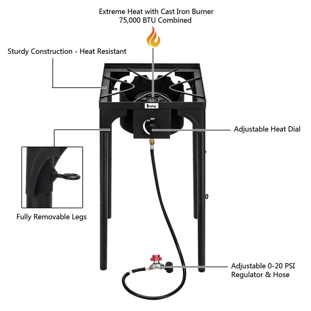 Zokop Portable Camp Stove Adjustable Single Gas Burner with Detachable Legs, Cast Iron, Black (Black)