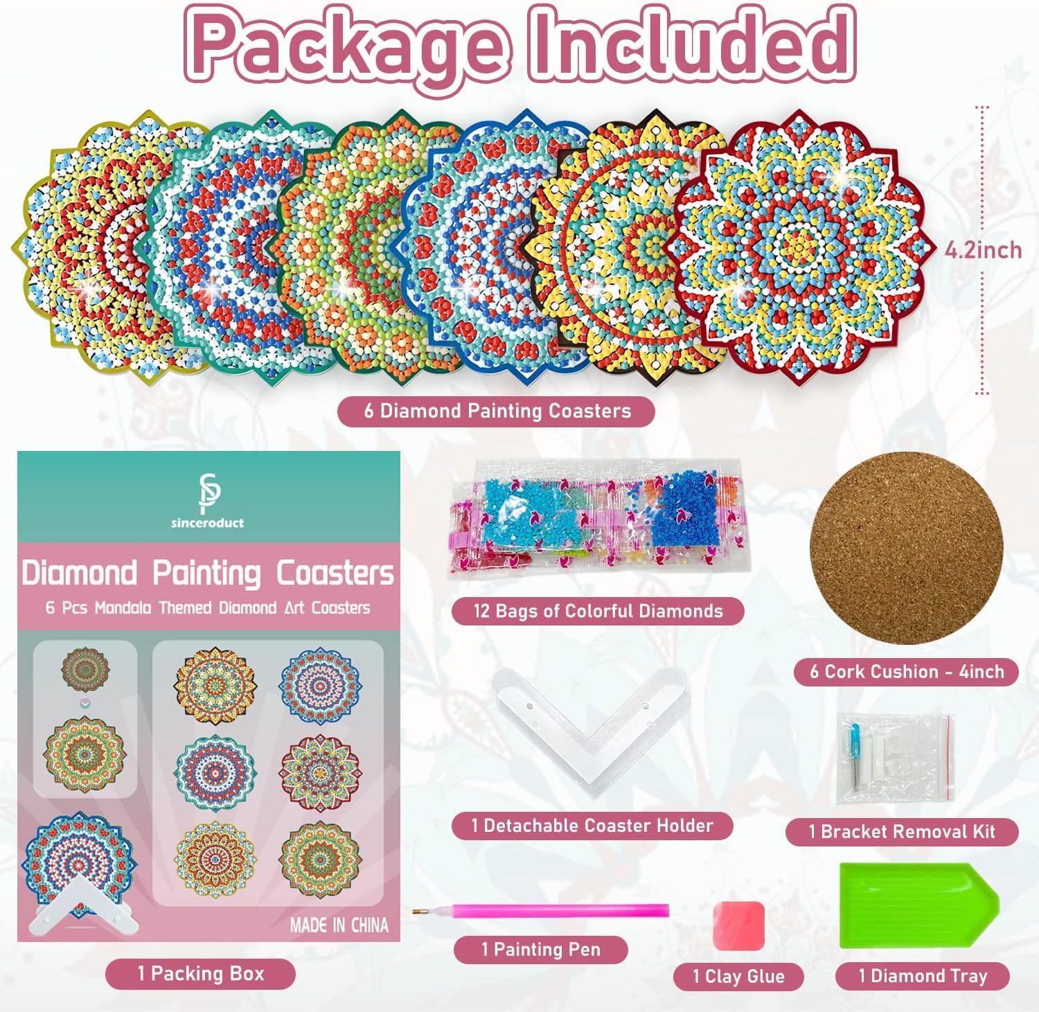 sinceroduct Diamond Coasters Kit, Beautiful Mandala PatternDiamond Coasters with Holder, 5D Diamond DIY Art Kits for Beginners, Adults Diamond Craft Supplie