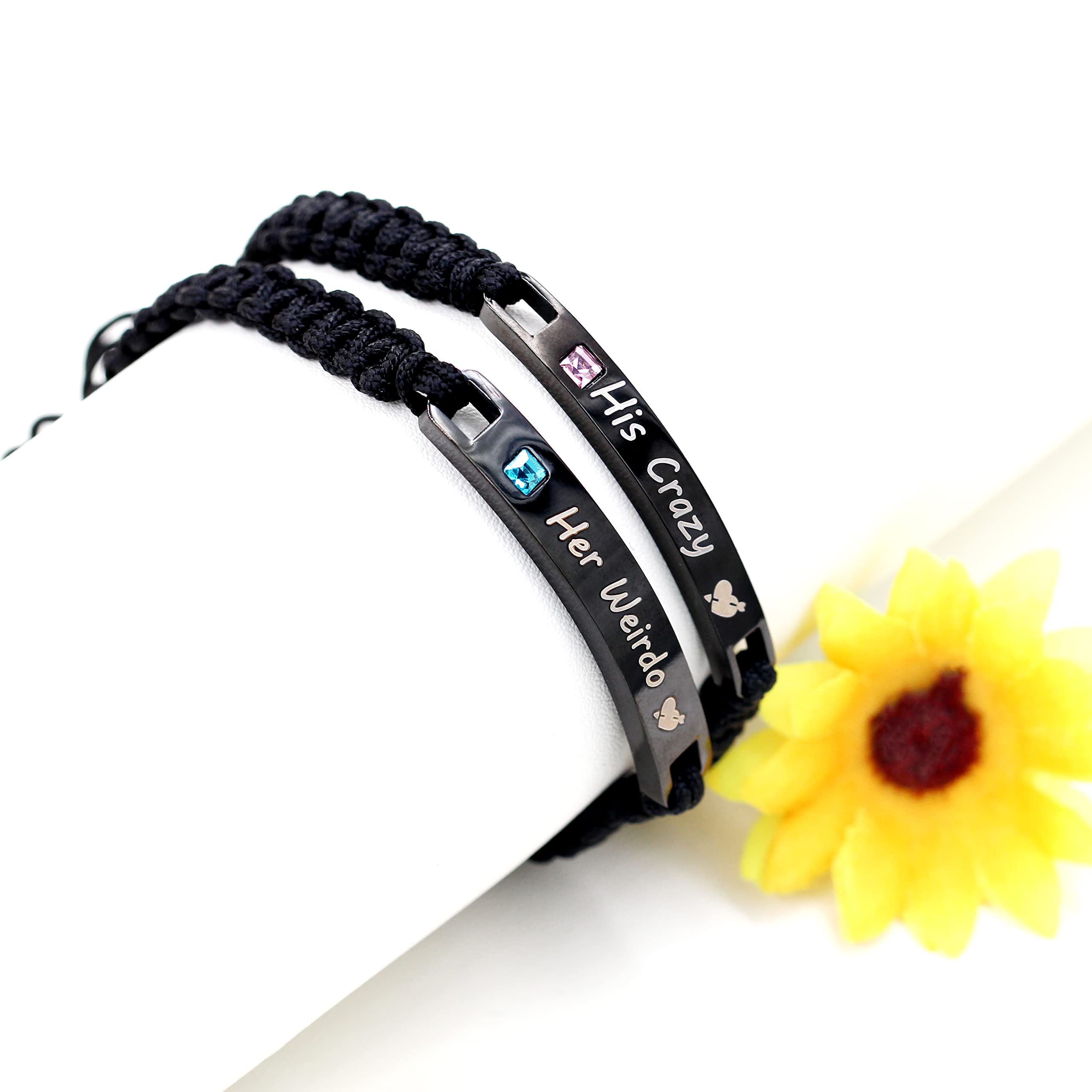 Uloveido 2pcs His Crazy Her Weirdo Bracelets Set for Couples Handmade Braided Black String Couples Bracelets for Boyfriend Girlfriend Men Women Birthday Valentine's Day Gift Y781