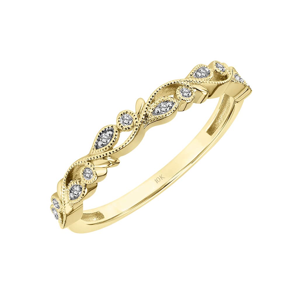 Stackable Rings for Women – Floral Vine Leaf 0.07 Cttw Diamond Wedding Rings for Women; Anniversary or Promise Rings for Her in 10K Yellow Gold (I-J Color, I2-I3 Clarity), Size 8, by Brilliant