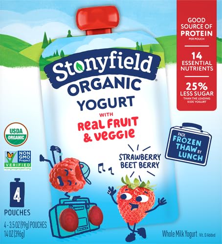 Stonyfield Organic Kids Strawberry Beet Berry Whole Milk Yogurt Pouches, 3.5 oz., 4 Ct – Real Fruit and Veggie; On The Go Snack and Breakfast Addition