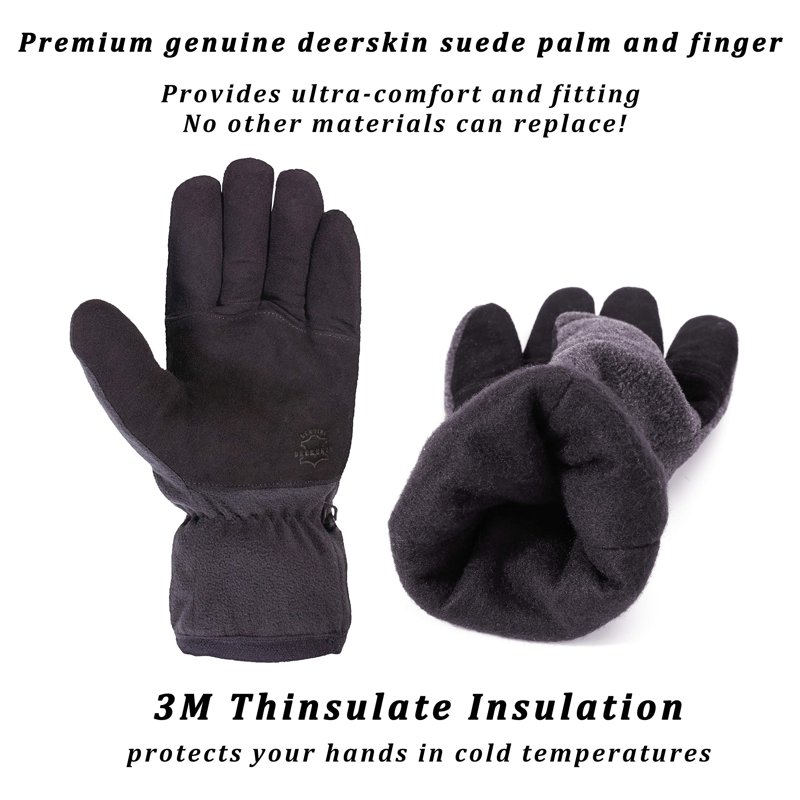 SKYDEER Winter Gloves with Premium Genuine Deerskin Suede Leather and Windproof Polar Fleece (Unisex SD8661T/L, Warm 3M Thinsulate Insulation)