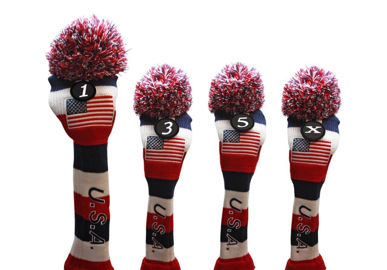 USA Majek Golf Driver 1 3 5 X Fairway Woods Headcovers Pom Pom Knit Limited Edition Vintage Classic Traditional Flag Stars Red White Blue Stripes Retro Head Cover Fits 460cc Drivers and 260cc Woods