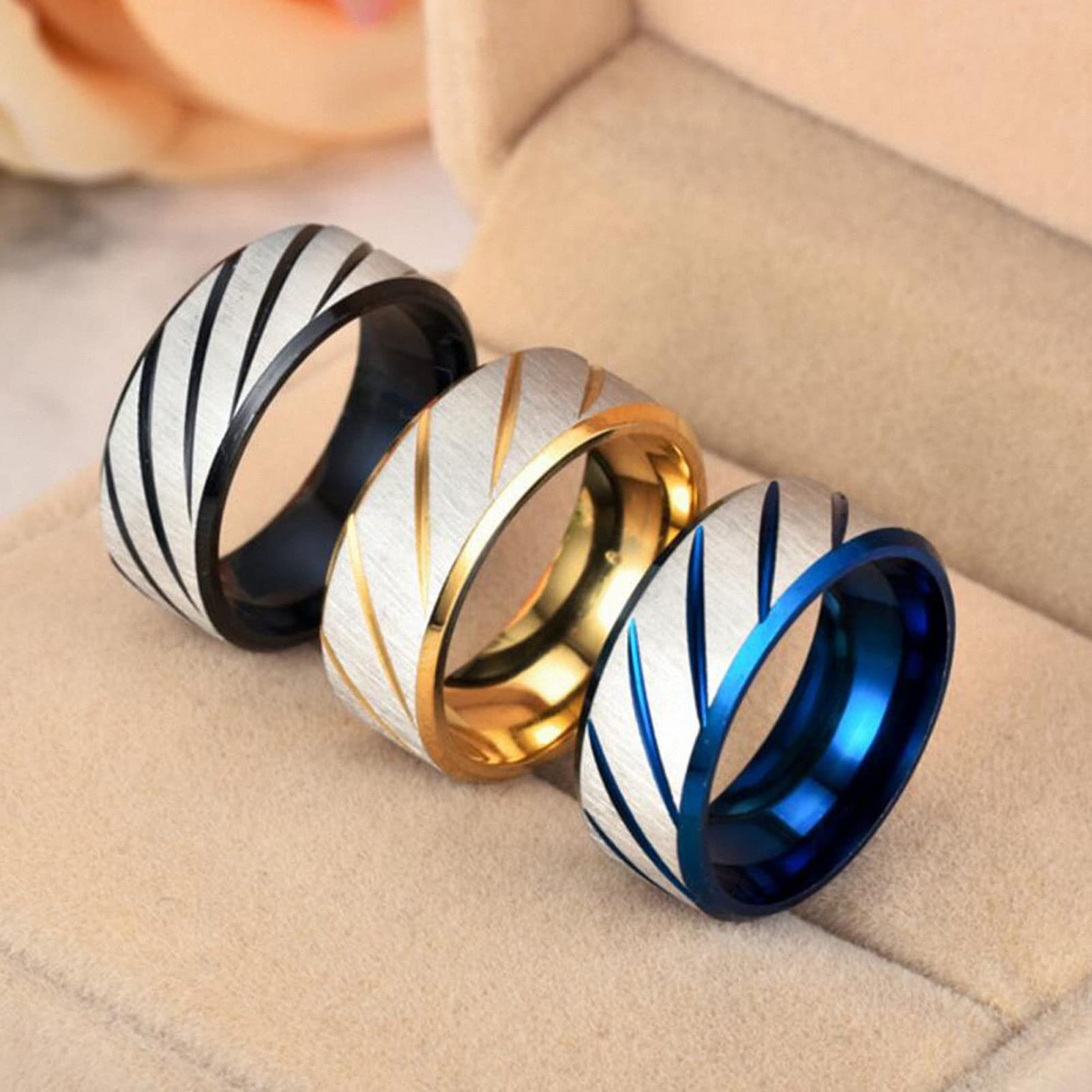 Stainless Steel Ring Inner Arc Double Oblique Side Batch Flower Twill Ring Jewelry Royal Blue 9
