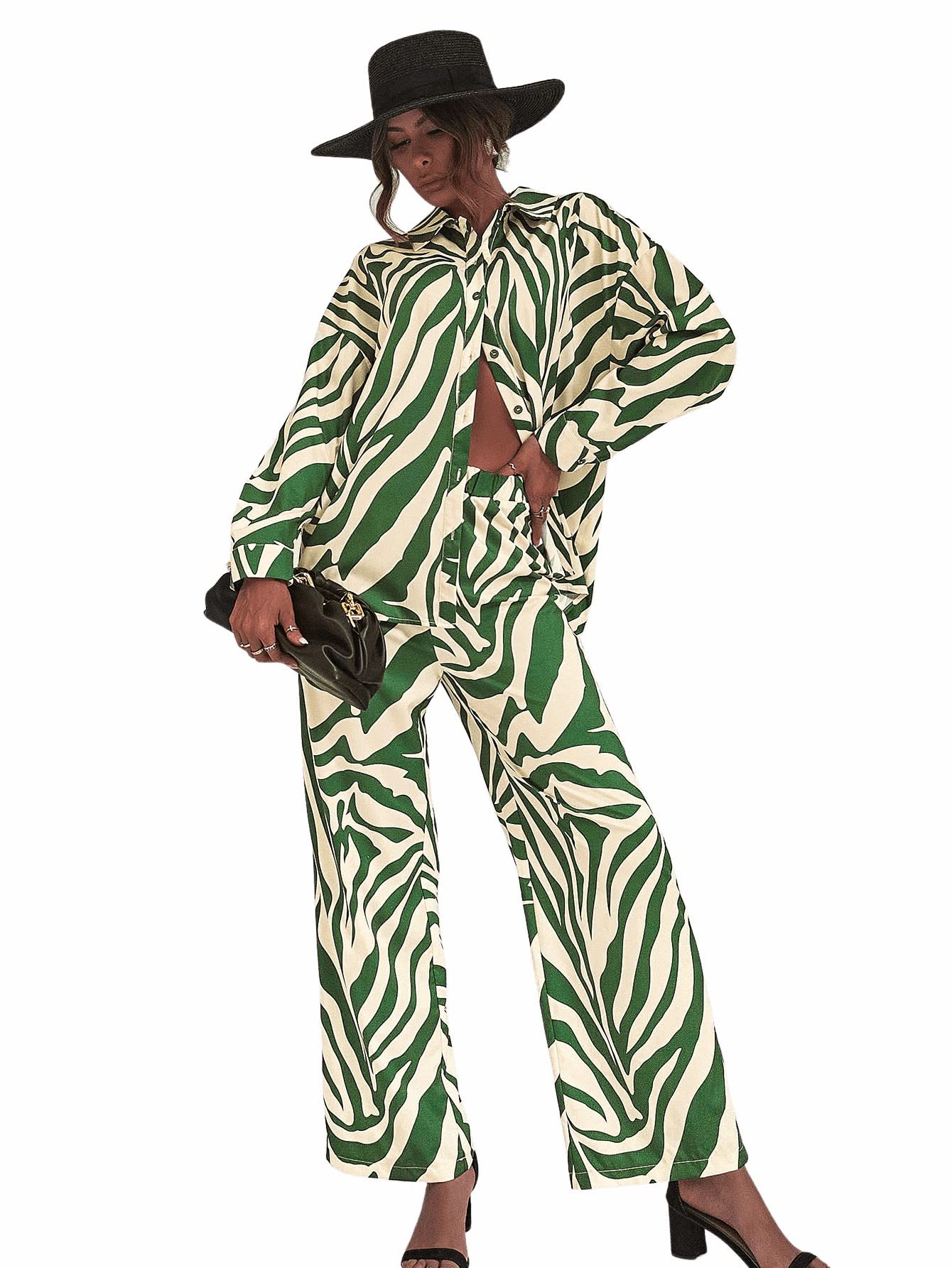 WDIRARA Women's Zebra Print Button Drop Shoulder Long Sleeve Blouse and Pants 2 Piece Outfit Set Teal Blue and White M