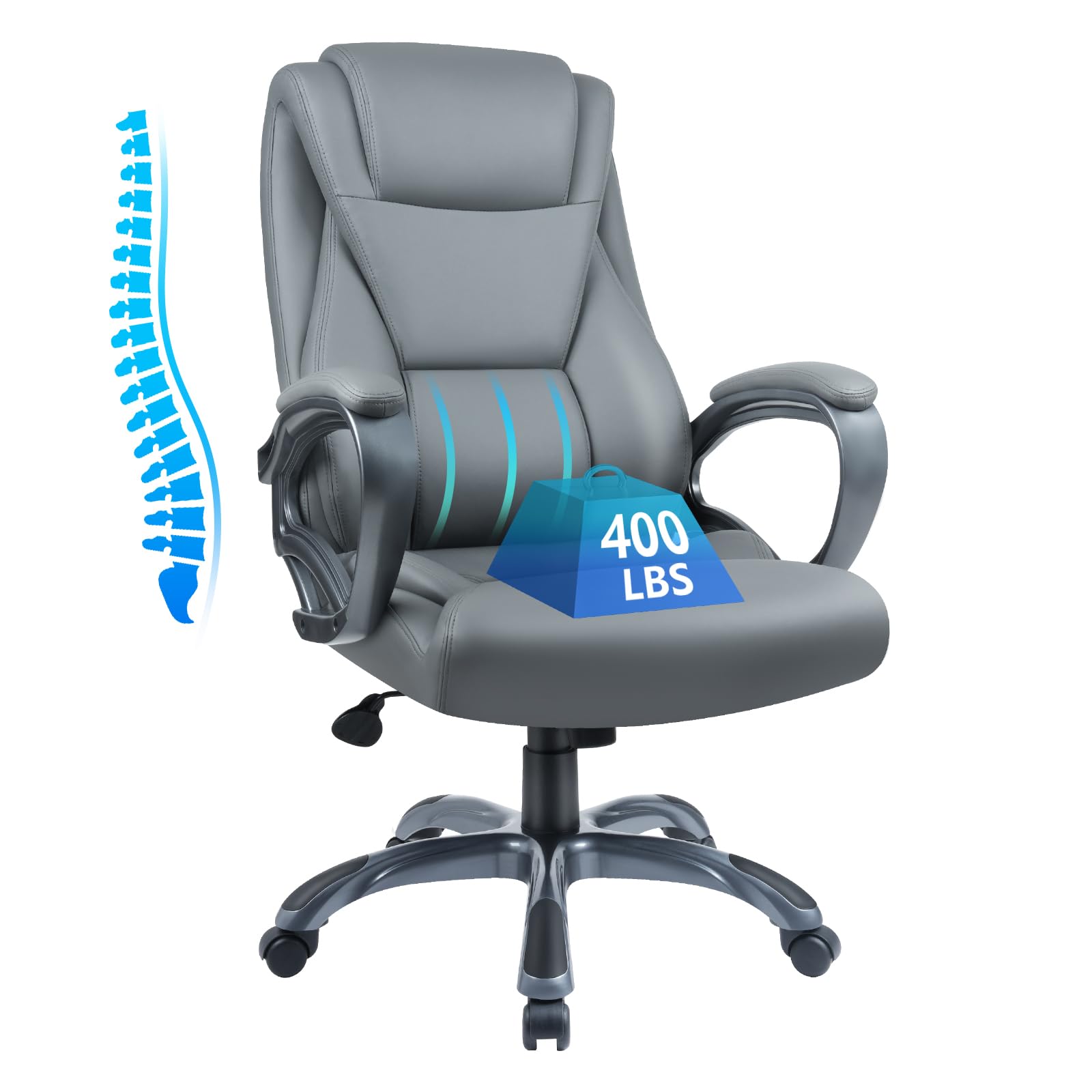 Soontrans Executive Office Chair 400lbs Big and Tall Office Chair for Heavy People Wide Seat Leather Desk Chair Adjustable Rocking Computer Chair Ergonomic Office Chair(Grey)