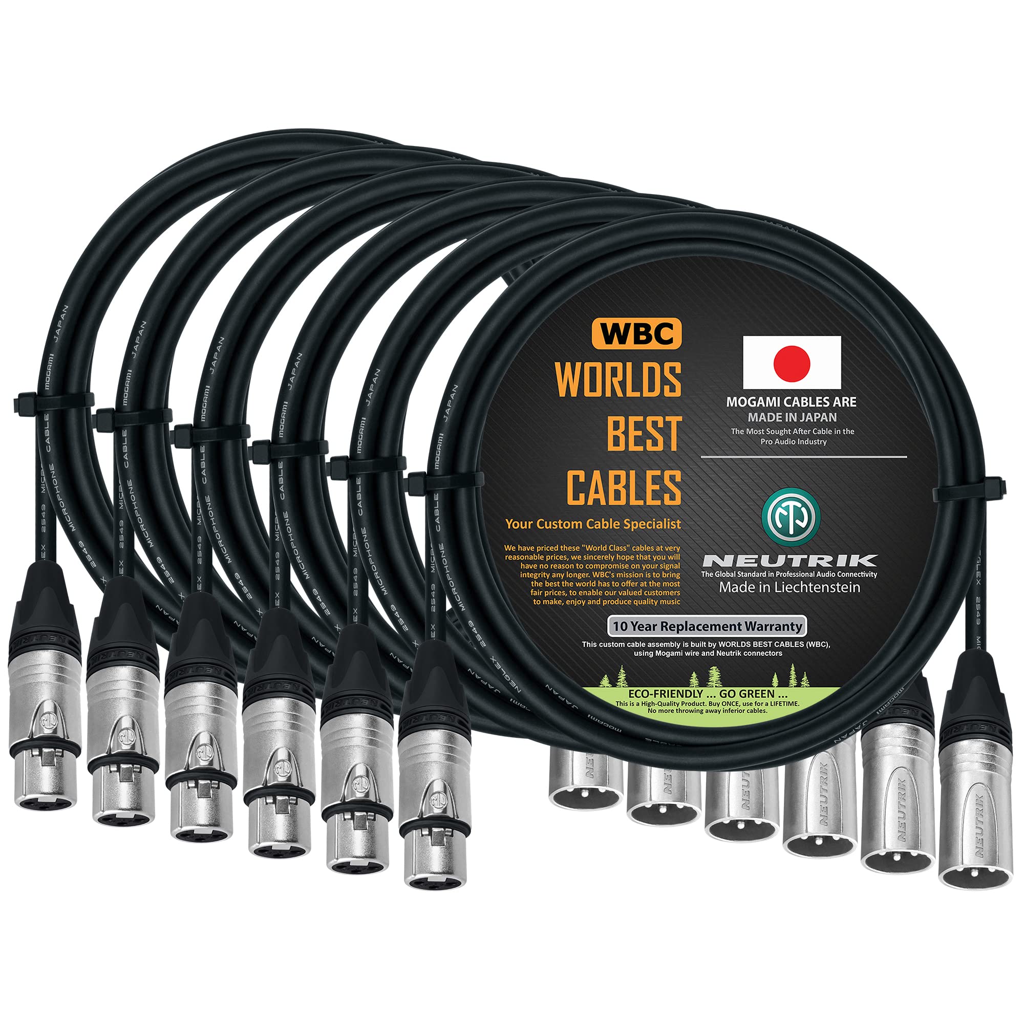 WORLDS BEST CABLES 6 Units - 3 Foot - Balanced Microphone Cable CUSTOM MADE using Mogami 2549 (Black) wire and Neutrik NC3MXX & NC3FXX Silver XLR Plugs