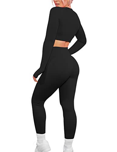 VALANDY Women's Workout Outfits 2 Piece Gym Seamless Yoga Leggings Ribbed Crop Top Long Sleeve Cute Activewear Sets