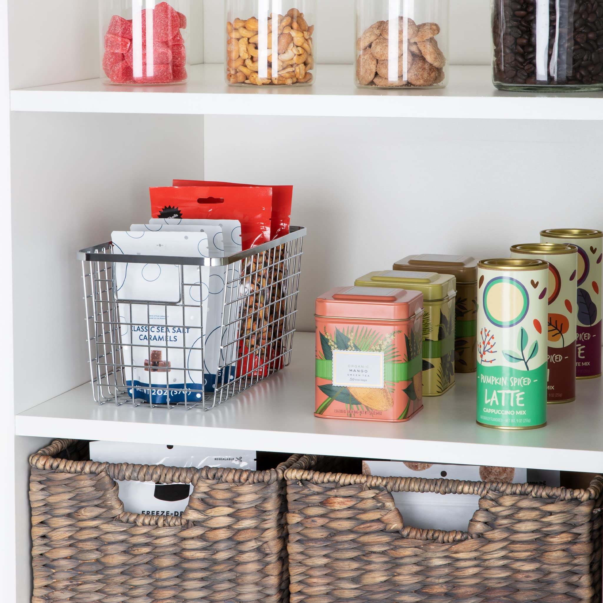 Smart Design Nestable Basket Organizer with Handles - Storage Bins for Kitchen, Pantry, Laundry, Bathroom, and Garage - Steel - 6 x 12 x 6 - Chrome - Set of 4