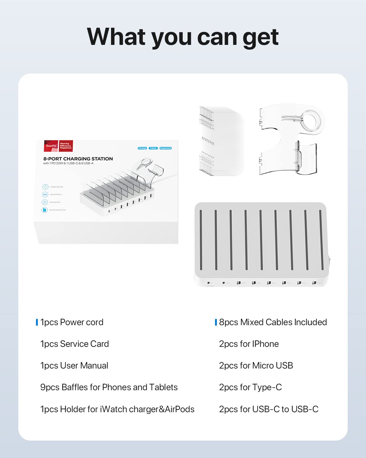 SooPii 8-Port USB-C Charging Station for Multiple Devices, with 1 PD 20W Port Supports Fast Charging, 8pcs Mixed Charging Cables and 1pcs Upgraded Holder for lWatch Charger & Air-Pods, White