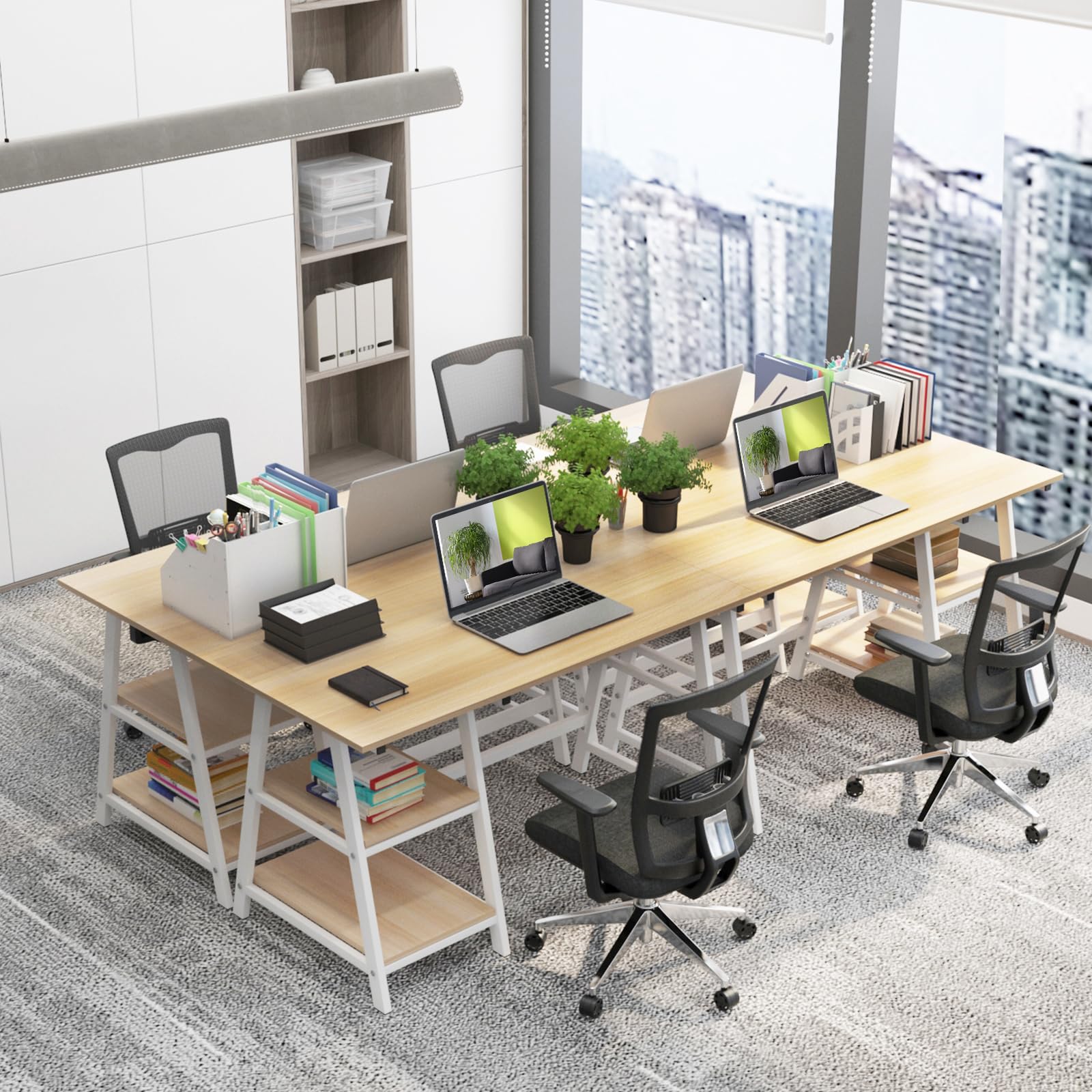 SogesGame Computer Desk Laptop PC Desk,Trestle Desk Writing Study Home Office Workstation with 2 Storage Shelf, Easy to Assemble Table for Home Office Study Writing and Office (55 inches, Maple)