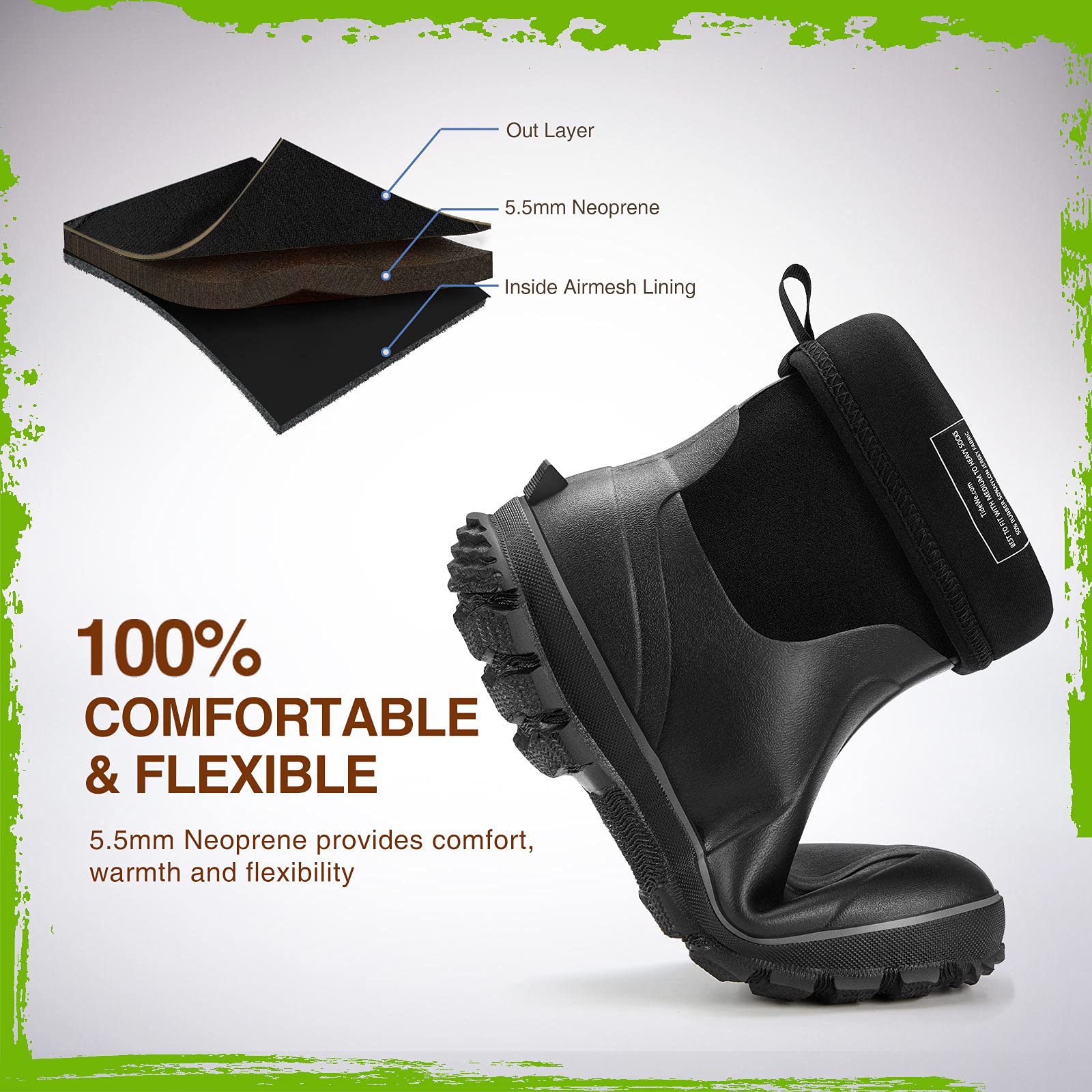 TIDEWE Rubber Boots for Men, 5.5mm Neoprene Insulated Rain Boots with Steel Shank, Waterproof Mid Calf Hunting Boots, Sturdy Rubber Work Boots for Farming Gardening Fishing (Black Size 9)