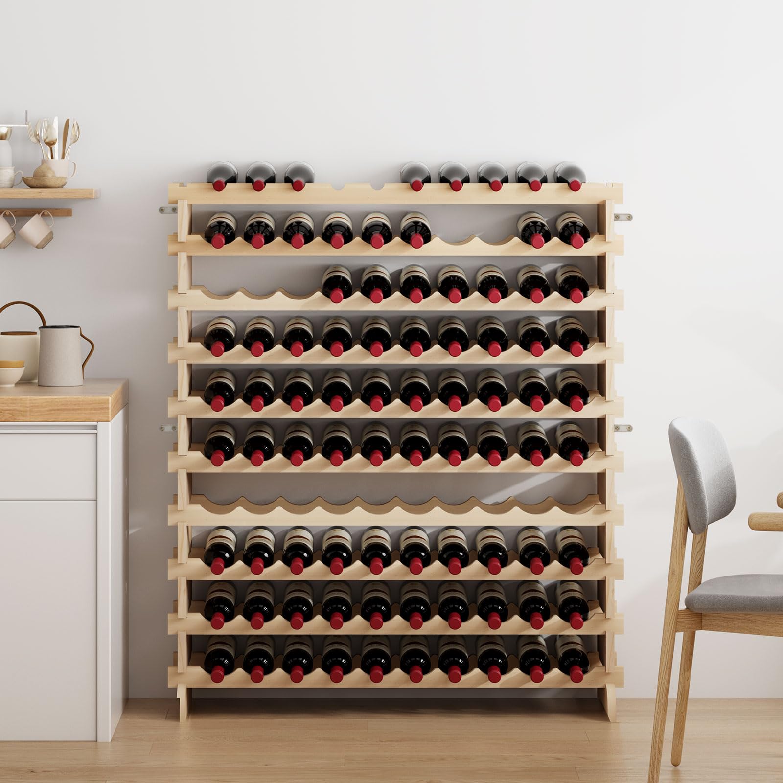 SogesHome Wine Rack Wood Storage Rack Stand, 100 Bottles Holder, 10 Tier Stackable Wine Storage Organizer with Anti-Falling Device, Natural Color