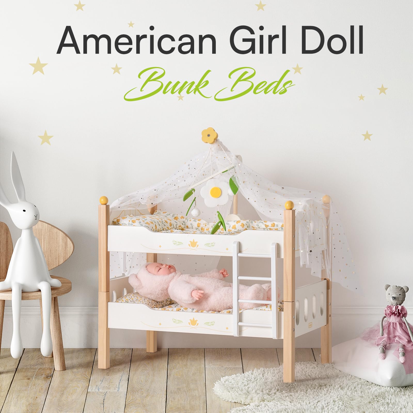 ROBOTIME Baby Doll Bunk Beds, Baby Doll Crib for 18 inch Dolls, Wooden Doll Bed Toy with Doll Bedding