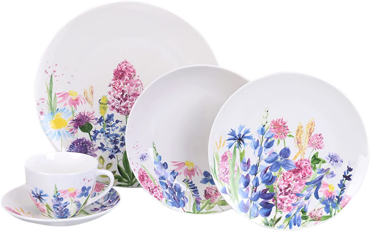 STP Porcelain J-217520 Dinnerware Set for 4, Lavender Fields, Bone China Porcelain, Dinner Plates, Bowls, Dessert Plates, Cups with Saucer, 20 pcs