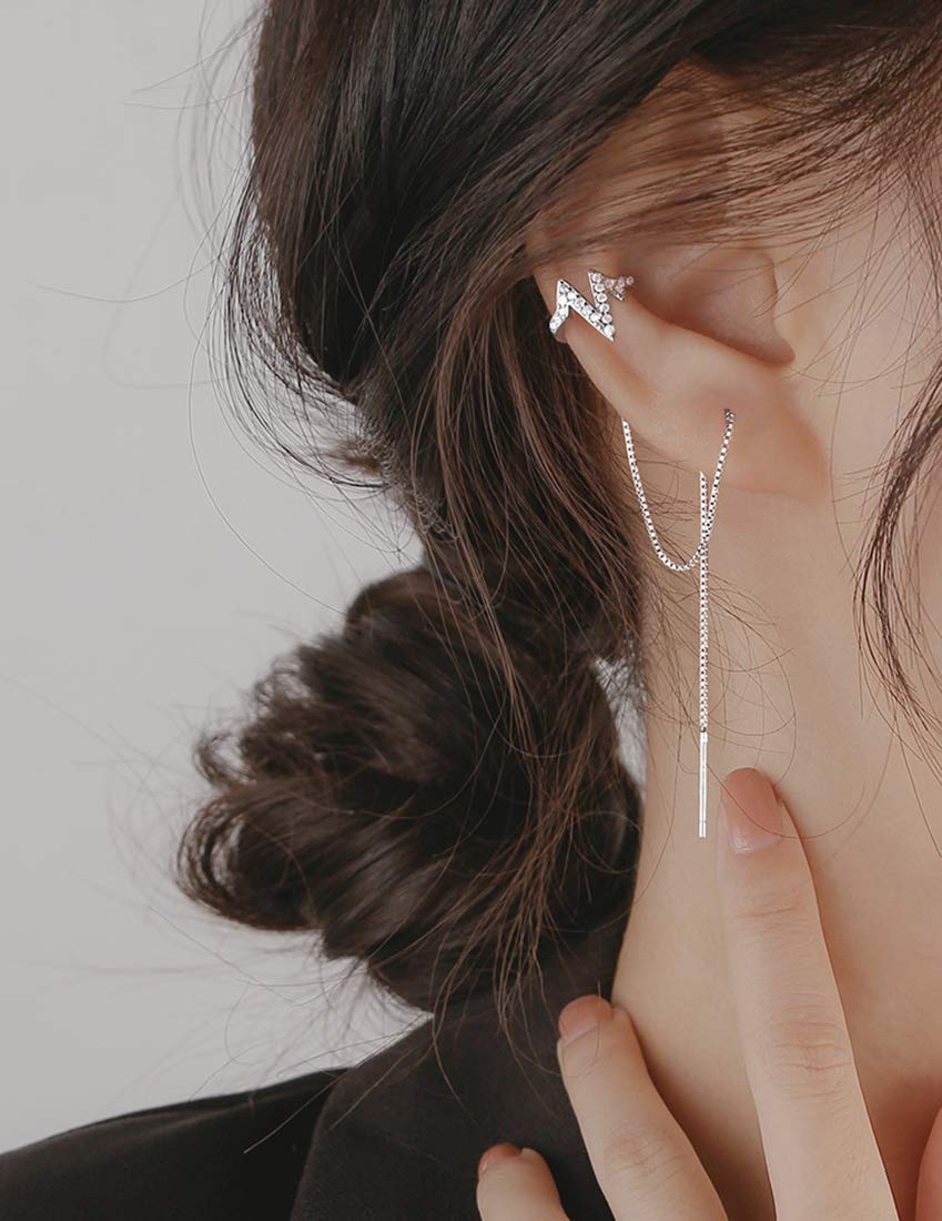 SLUYNZ 925 Sterling Silver CZ Wave Cuff Earrings Chain for Women Teens Crawler Earrings Climber Earrings