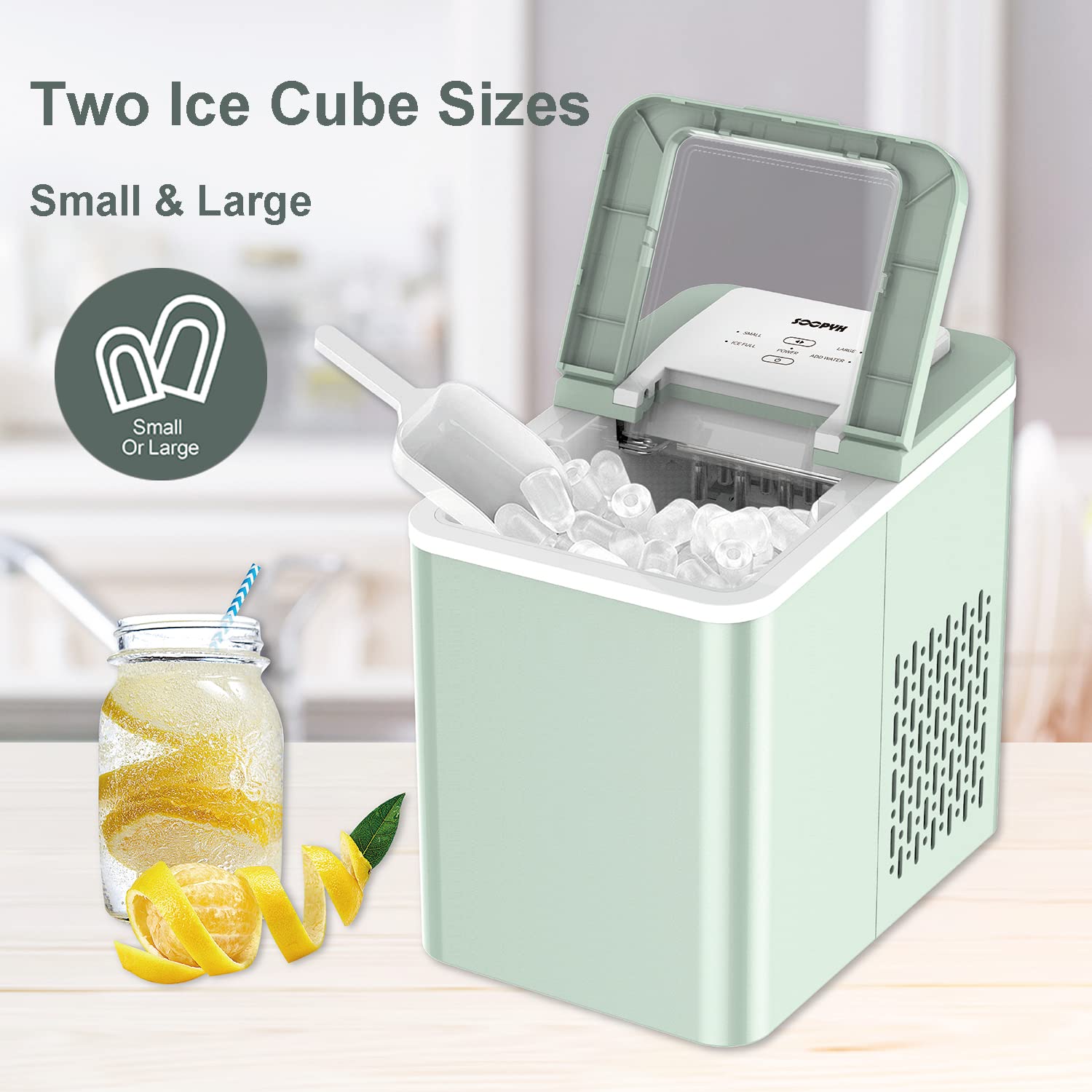 SOOPYK Ice Makers Countertop | Portable Ice Maker Cube | 27 lbs in 24 hrs | 9 Ice Cubes Per 5-7 Mins | Ice Maker Machine | Self- Cleaning Function | Ice Scoop and Basket,Stainless Steel