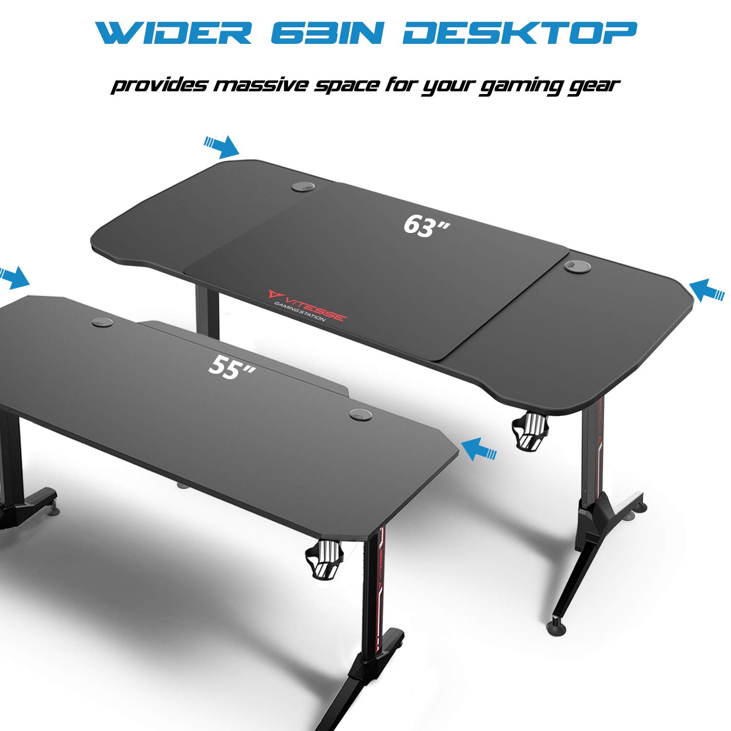 VIT 63 Inch Ergonomic Gaming Desk, T Shaped Office PC Computer Desk with Full Desk Mouse Pad, Gamer Tables Pro with USB Gaming Handle Rack, Stand Cup Holder&Headphone Hook, Carbon Black