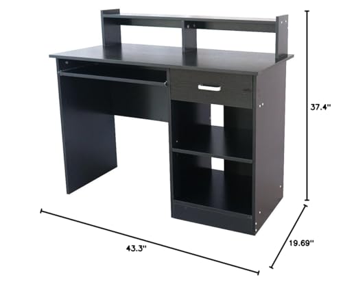 SSLine Computer Desk with Storage Shelves, 2 Tier Bookshelf one Drawer, Keyboard Tray, Home Office Writing Workstation Table, Laptop Desk, Bookshelf, Space-Saving, Black
