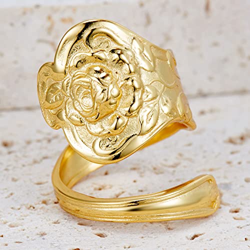 TimemoryUS Spoon Ring, S925 Sterling Silver Rose Adjustable Open Gold Antique Spoon Rings For Women Size 6-10 (gold)