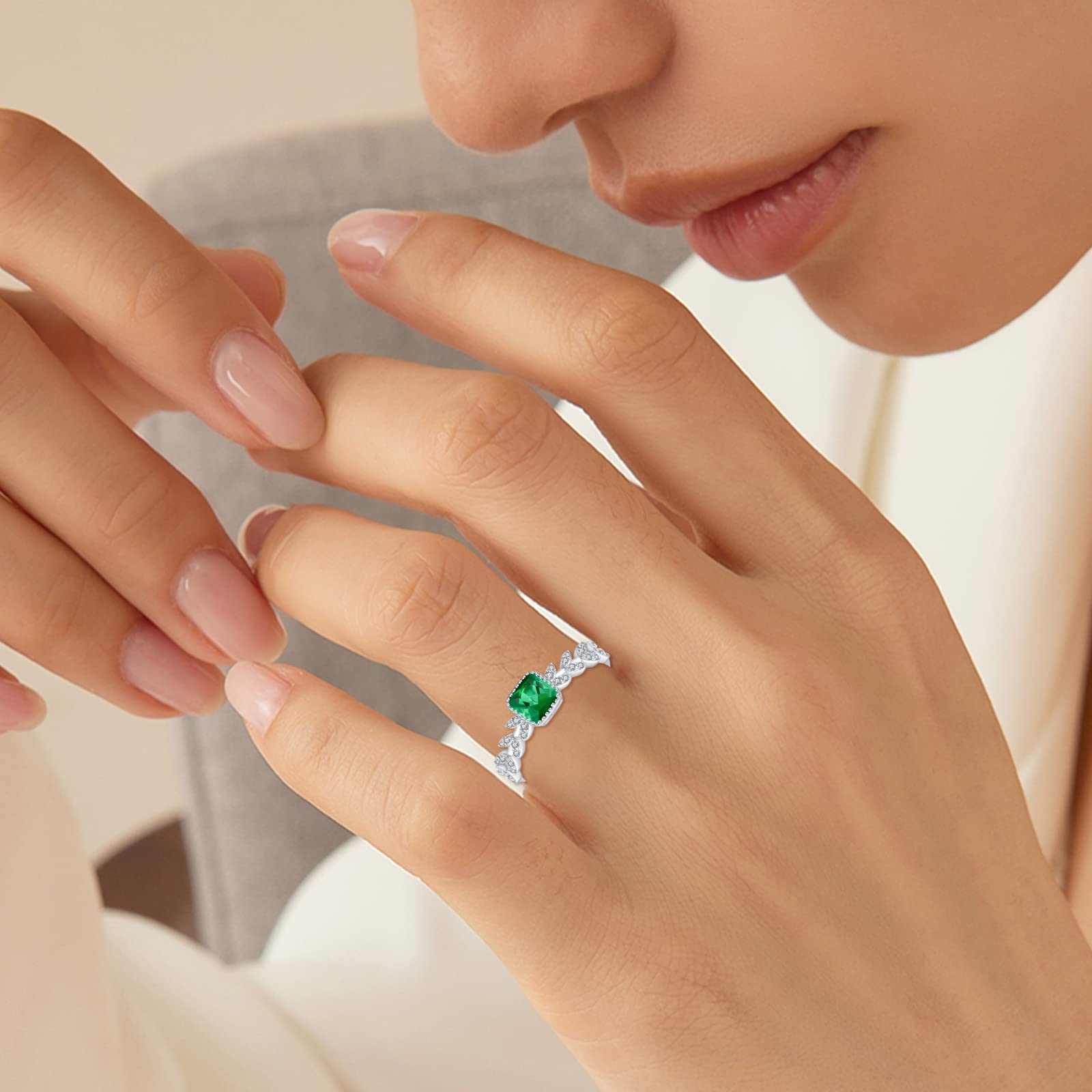 TUGHRA Emerald Ring - Sterling Silver Green Vintage Gem Birthstone Ring, Cubic Zirconia Leaf Ring, Adjustable Branch Ring Jewelry For Women, Mother's Day Gift