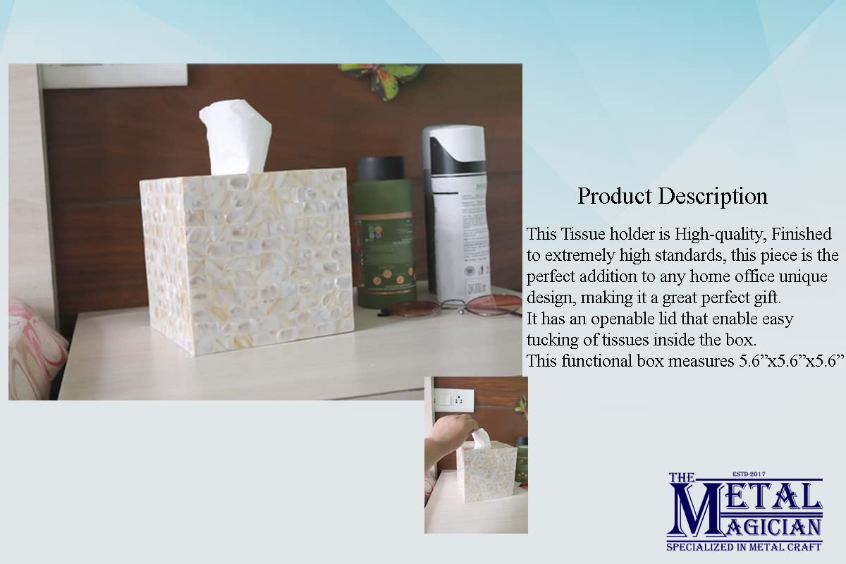 Square Tissue Holder – Decorative Tissue Box Cover is Finished in Beautiful Mother of Pearl by The Metal Magician