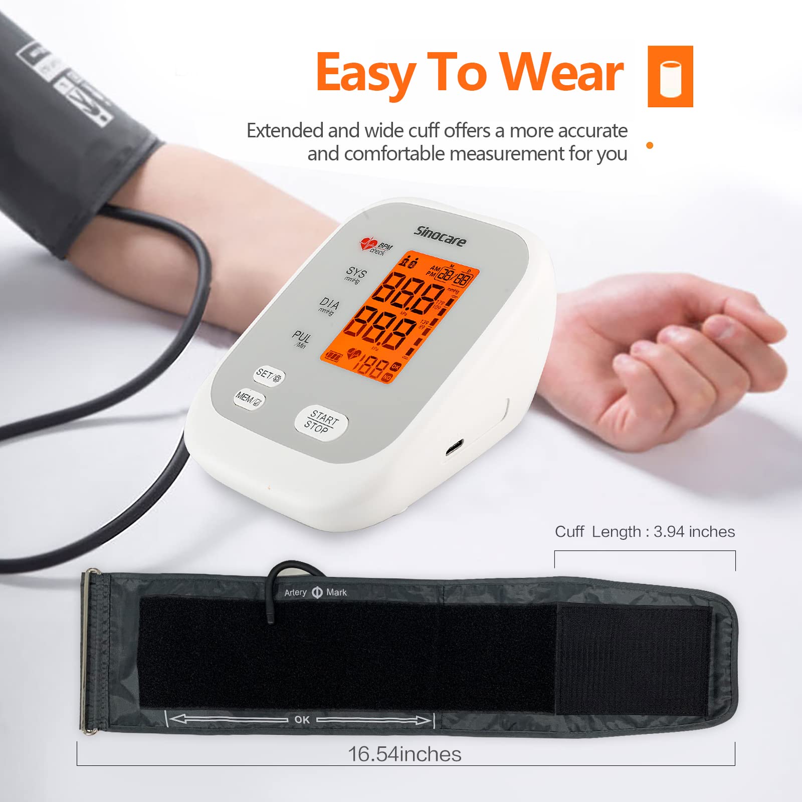Sinocare Blood Pressure Machine,Upper Arm Blood Pressure Monitor,Automatic Digital BP Machine for Home,Adjustable Cuff and Large Display,Irregular Heartbeat Detector with Batteries