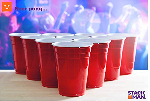 Red Cups - Party Cups - Disposable Plastic Cups [16 oz - 100 Pack] Fun & Durable Party Cups for Drinking & Playing - Bulk Case of 100 Cups, By Stack Man