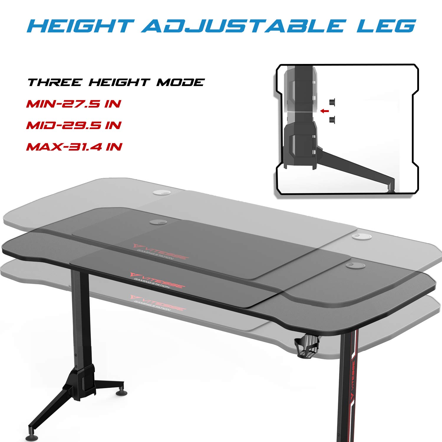 VIT 63 Inch Ergonomic Gaming Desk, T Shaped Office PC Computer Desk with Full Desk Mouse Pad, Gamer Tables Pro with USB Gaming Handle Rack, Stand Cup Holder&Headphone Hook, Carbon Black