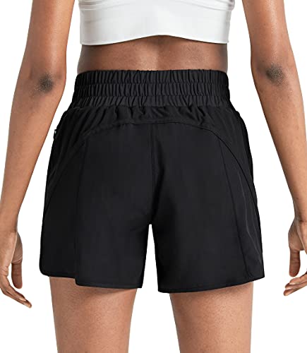 ZUTY 5" Athletic Running Shorts for Women with Zipper Pocket High Waisted Quick Dry Workout Gym Shorts with Liner Black L