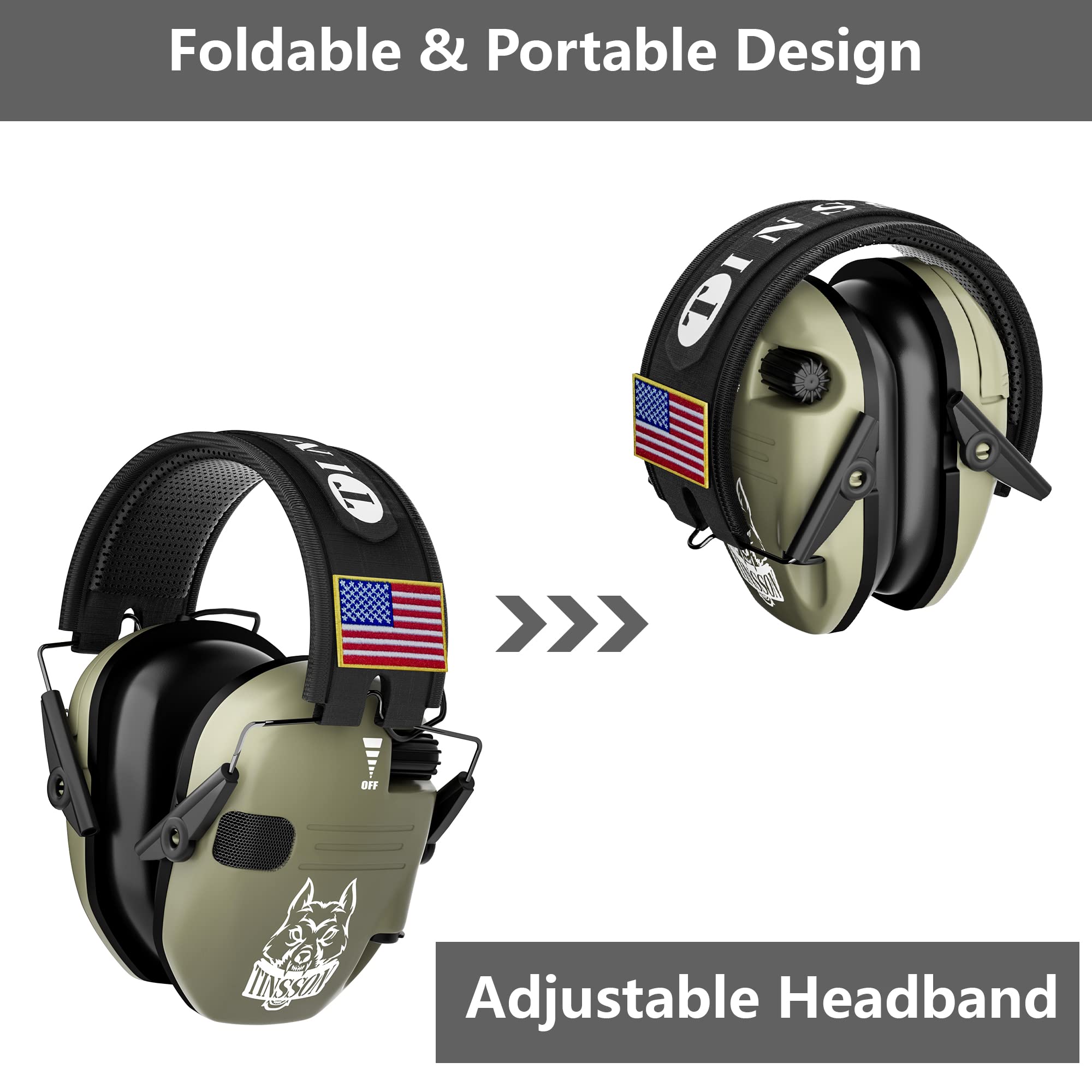 TINSSON NRR 23dB Shooting Ear Protection with US Flag Electronic Earmuffs for Hunting Noise Reduction Headphones Oliver