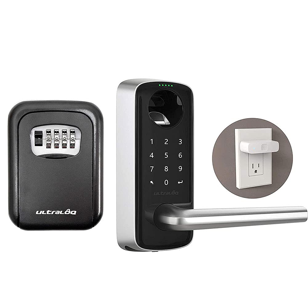 ULTRALOQ Smart Lever Door Lock + Key Storage Lock Box + Bridge WiFi Adaptor 6-in-1 Keyless Entry Door Lock with WiFi, Bluetooth, Biometric Fingerprint and Keypad
