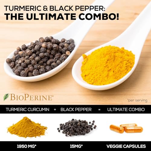 Turmeric Curcumin with BioPerine 95% Standardized Curcuminoids 1950mg - Black Pepper Extract for Max Absorption, Nature's Joint Support Supplement, Herbal Turmeric Pills, Vegan Non-GMO - 180 Capsules