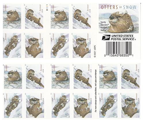 USPS 2021 Otters in Snow Forever First Class Postage Stamps Playful Theme, Winter, Holiday, Invitations, Animal Lover, (1 Booklet of 20 Stamps)