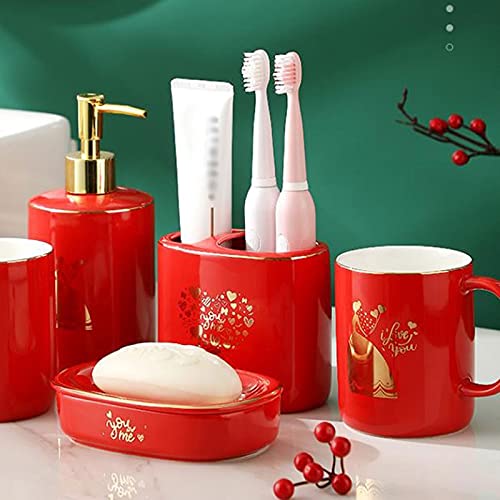 Soap Dispenser 5Piece Bathroom Accessories Set Bathroom Decor Sets Accessories Includes Soap Dispenser Toothbrush Holder Soap Dish and Tumblers, Ideal for Wedding )(Red) Soap Dispenser for Bathroom Ki