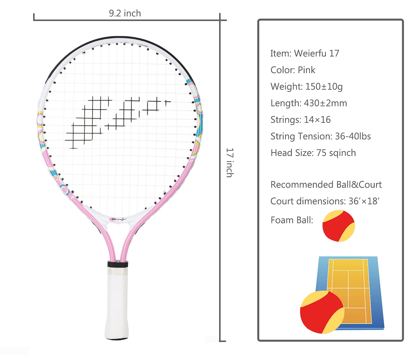 Weierfu Junior Tennis Racket for Kids Toddlers Starter Racket 17" with Cover Bag Light Weight(Strung) (17" Pink)