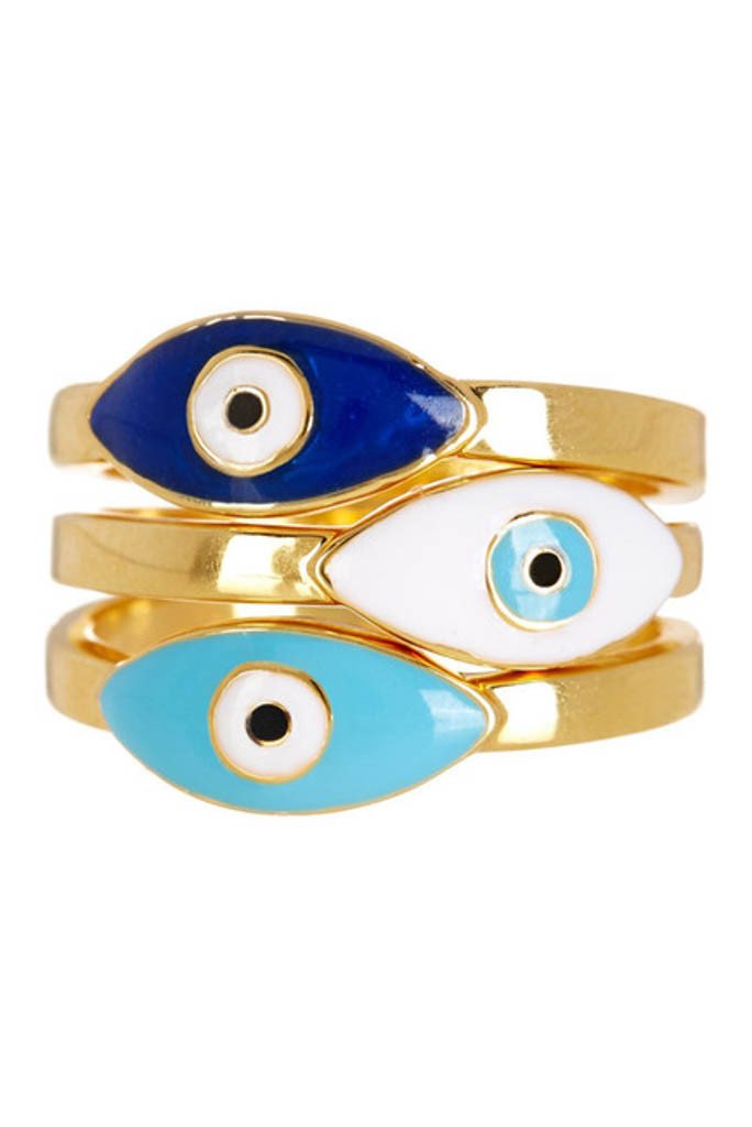 Sterling Forever - Evil Eye Ring Set of 3-14K Gold Plated Brass with Enamel - Statement Ring Set - Nickel Free