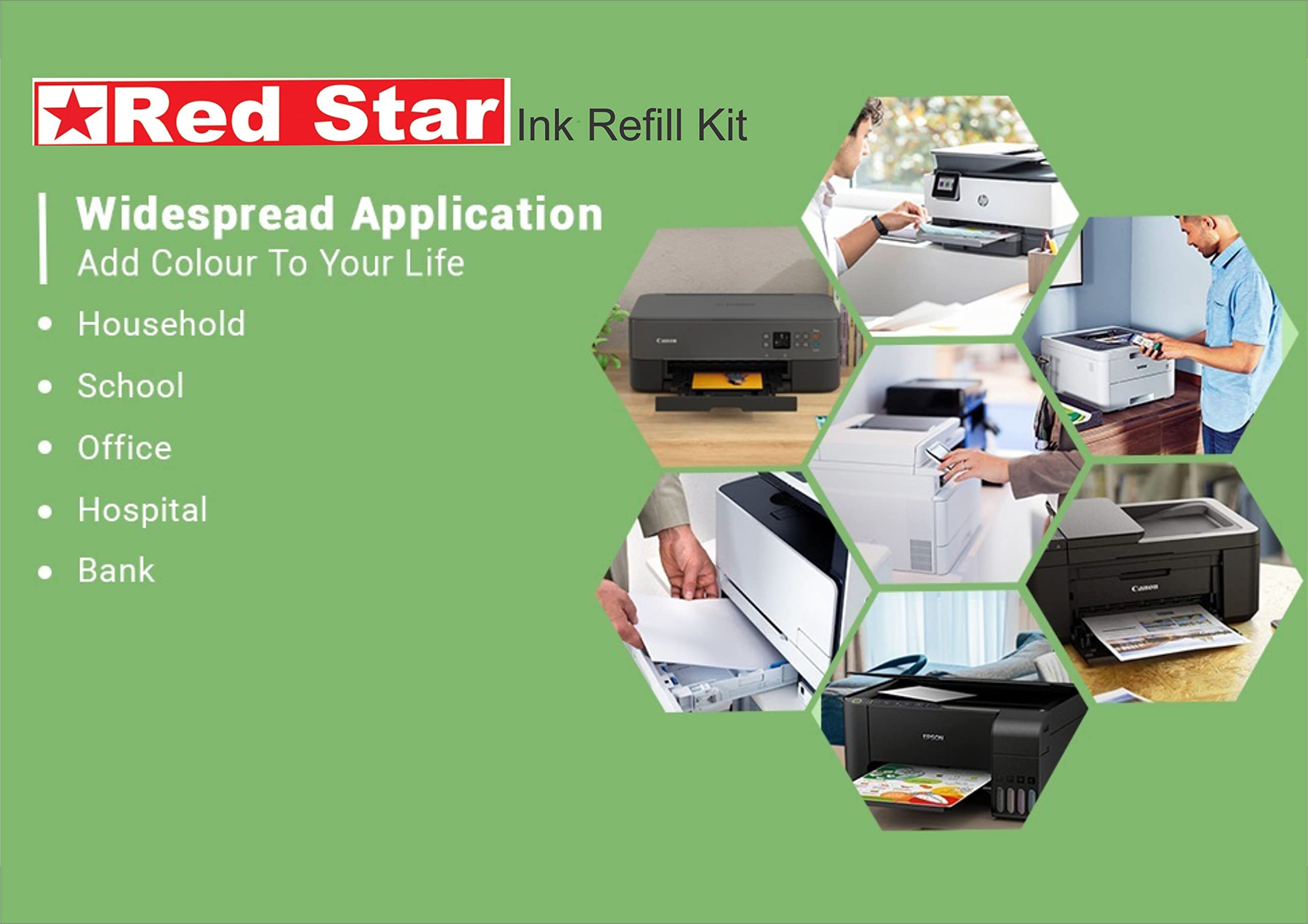 Red Star Multi Color Ink Refill kit with Suction Prime Holder Suitable for HP 63 62 61 60 64 65 67 901 Black & Color Ink Cartridge Combo Pack with 240 ml Ink, Tools & Instructions
