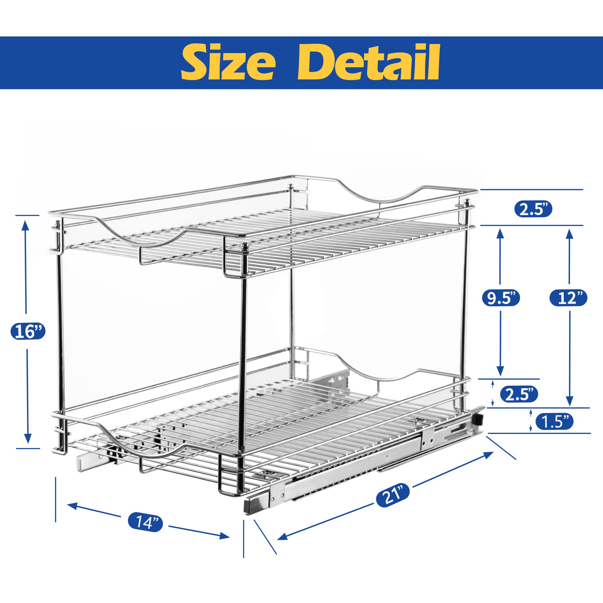 SIMCAS Pull Out Cabinet Organizer (14"W X 21"D), Kitchen Cabinet Organizers and Storage Cabinet Pull Out Shelves, Slide Out Kitchen Cabinet Storage 2-Tier Pull Out Drawers for Kitchen Cabinets, Chrome