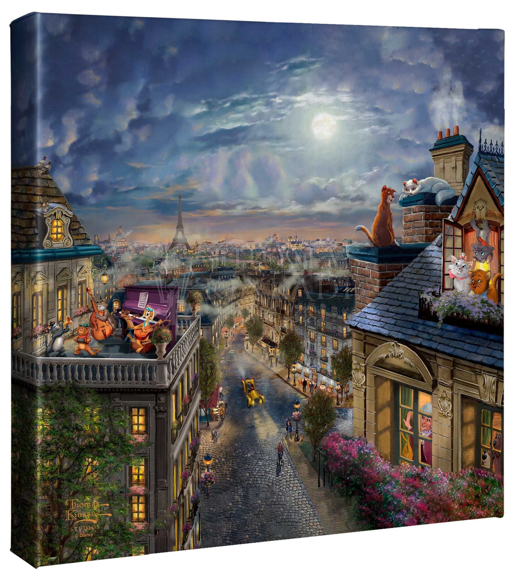Thomas Kinkade Disney The Aristocats Love Under the Moon 14" x 14" Gallery Wrapped Canvas Art | Frameless Room Wall Art | Certificate of Authenticity Included