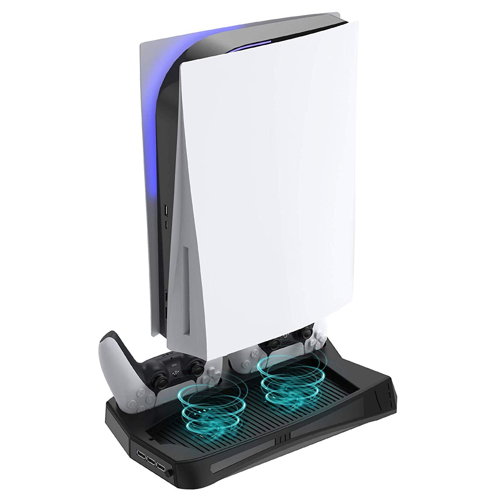 Vertical Stand for PS5 - With Cooling Fan Digital Edition/Ultra HD Playstation 5 Stand Controller Charge Station with Dual Controllers EXT Port Charger Dock and 3 USB HUB, 14 Game Slots