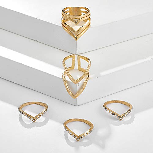 ZZ ZINFANDEL 5-9 Pcs 18K Gold Stackable Knuckle Midi Finger Rings Set Crystal Pearl Rings Geometry Heart Hexagon Letter V Stackings Joint Ring Sets for Women Girls (5 pcs)