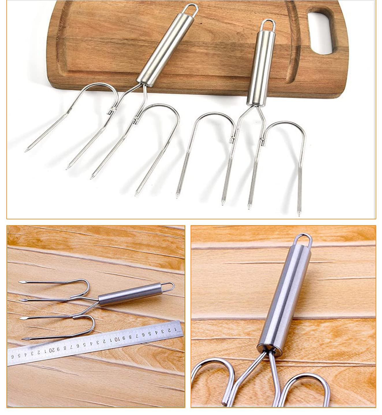 Thanksgiving Turkey & Roast Lifters, Stainless Steel Roaster Forks, Transfer Chicken or Ham Poultry Lifters Easily, Four Needle Meat Fork, Set of 2
