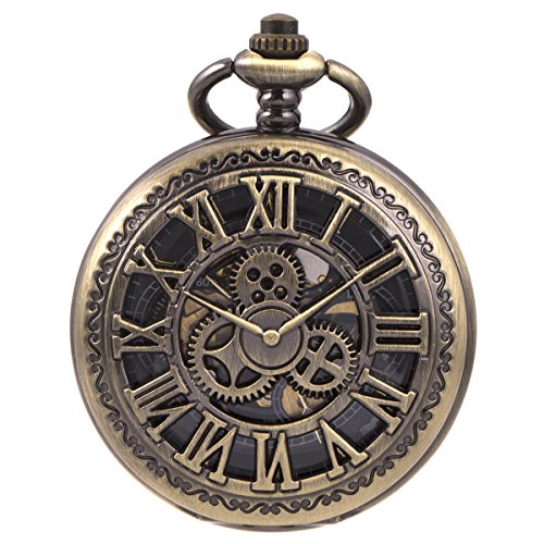 SIBOSUN Pocket Watch Skeleton Mechanical Double Case Hand-Wind Bronze Roman Numerals Antique Chain Mens