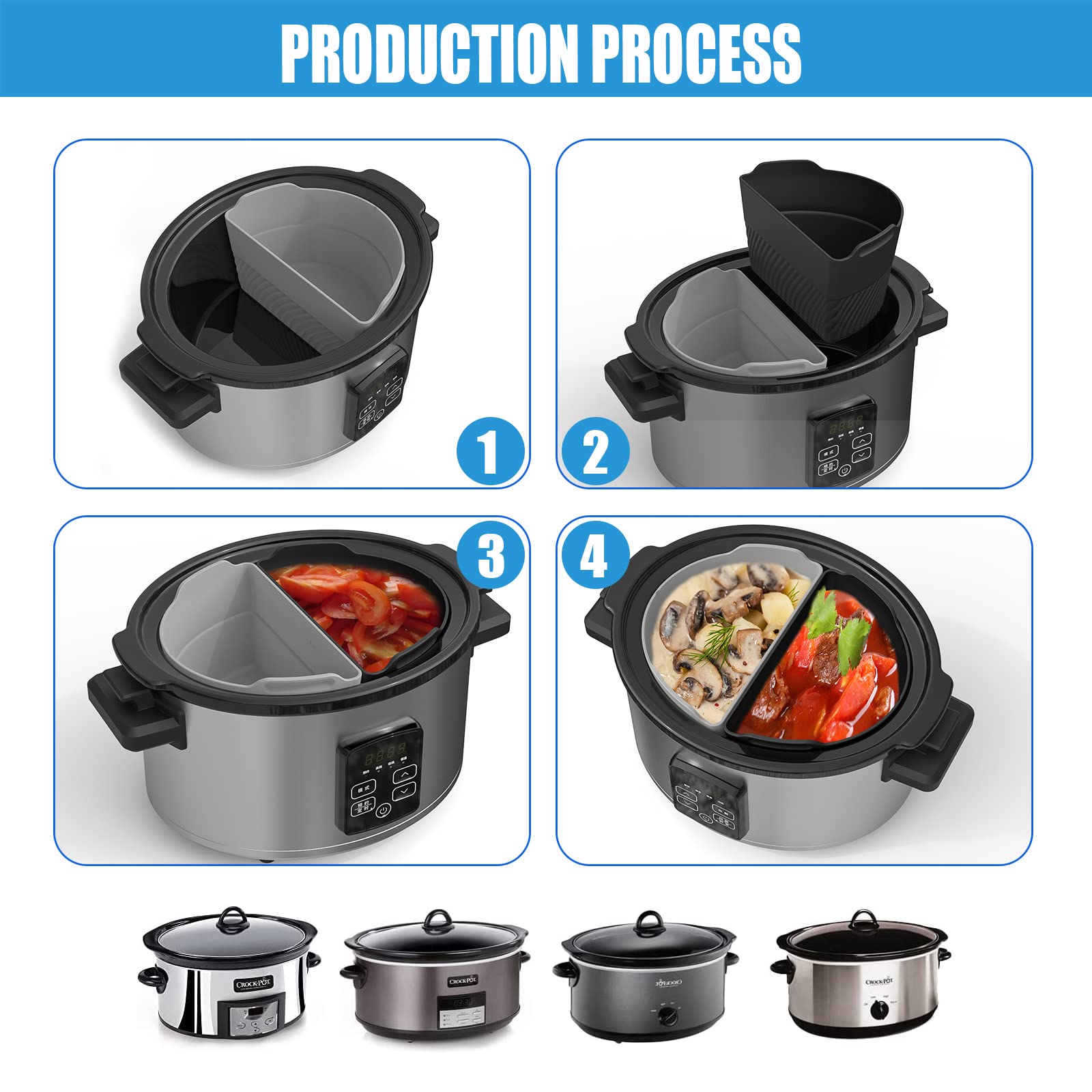 Slow Cooker Divider Liners Silicone fit Oval CrockPot 6-8 Quart,Food-Grade Material,BPA Free,Reusable,Leakproof,Dishwasher Safe,Cooking Liner for Hamilton Beach,Elite Gourmet,Bella Divider Insert