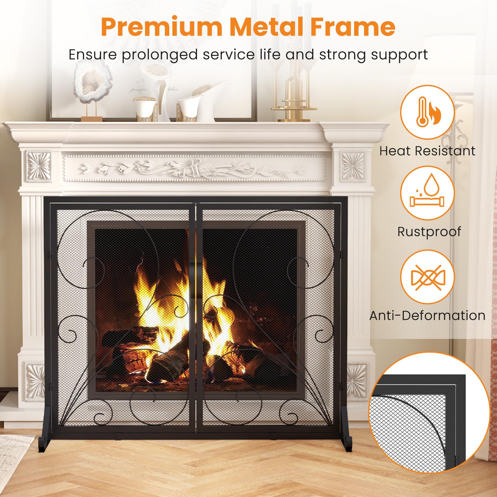 Tangkula Fireplace Screen, Firelpace Gate with Hinged Two-Doors, Wrought Iron Mesh, Steel Crest Fireplace Screen with Wrought Iron, Baby Safe Spark Guard Protector