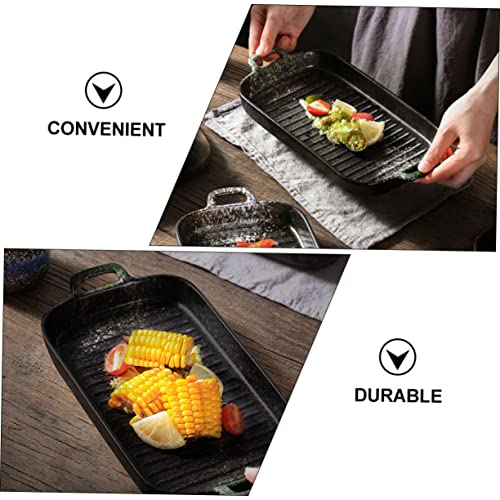 Yardwe 1pc Fire Earth BBQ Plate Cake Tray Outdoor Griddle Grill Square Dish Set Square Baking Tray Camping Pot Roasting Pan Roasting Plate with Handles Household Kitchenware Ceramic Plate