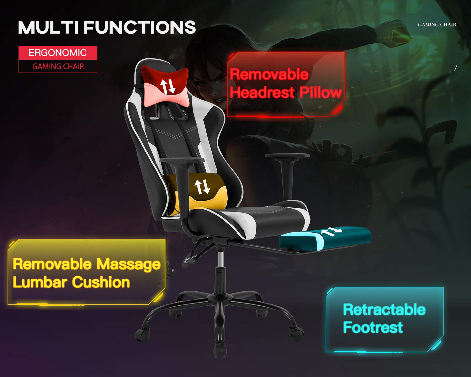 Vnewone Computer Gaming Chair Office PC Ergonomic Home Executive Desk Racing Rolling Swivel Task Adjustable High-Back PU Leather with Lumbar Support Footrest Headrest Armrest Massager, White