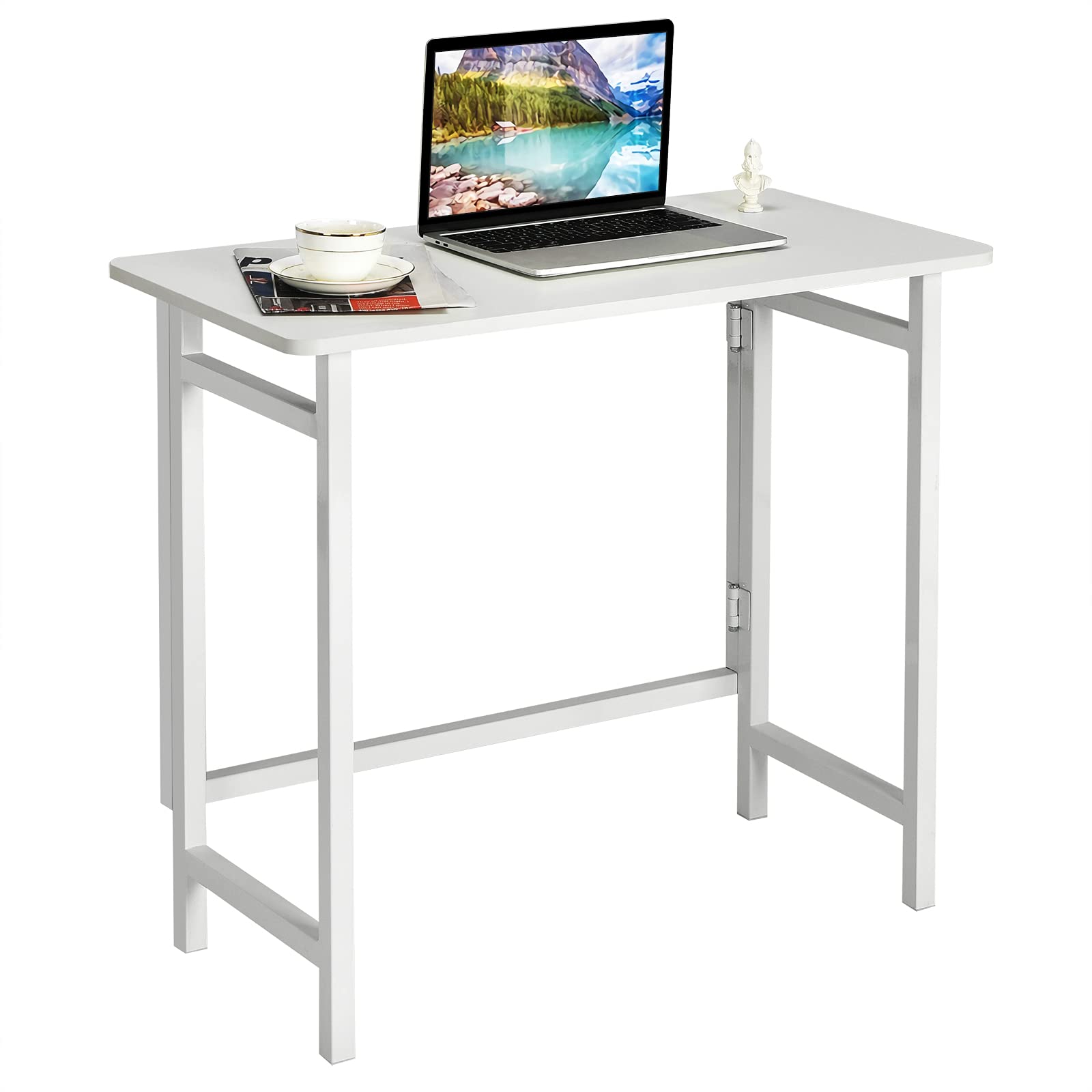 Tangkula Folding Computer Desk, Simple Metal Frame Computer Desk Modern Home Office Laptop PC Workstation Compact Study Writing Reading Table for Small Space, Folding Table (Black)
